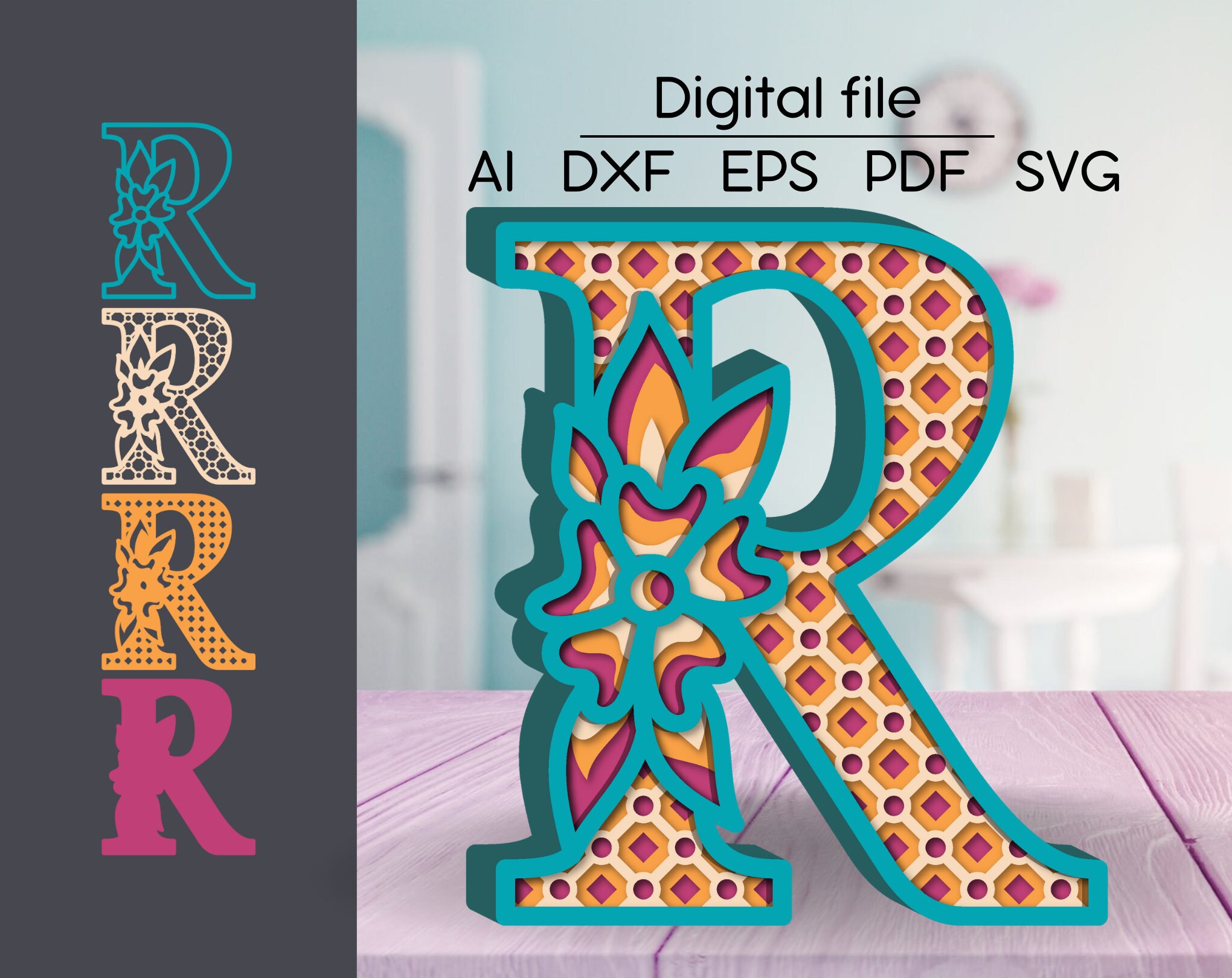 Layered Letter R SVG, Floral Alphabet DXF, Letters 3D, Paper/laser Cut ...