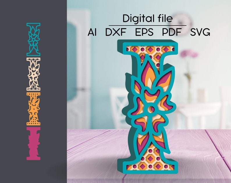 Layered Letter I SVG, Floral Alphabet DXF, Letters 3D, Paper/laser Cut ...