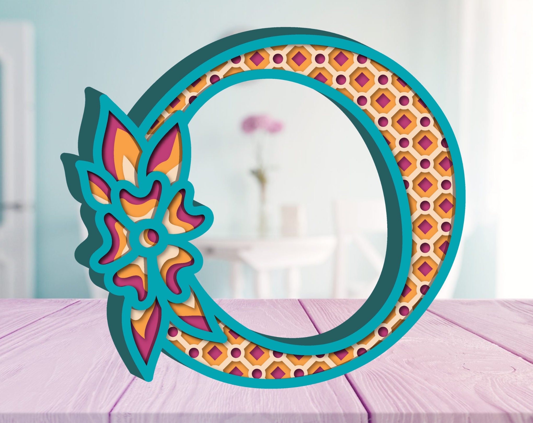 Letra en capas O SVG, Alfabeto floral DXF, Letras 3D, Plantilla SVG de ...