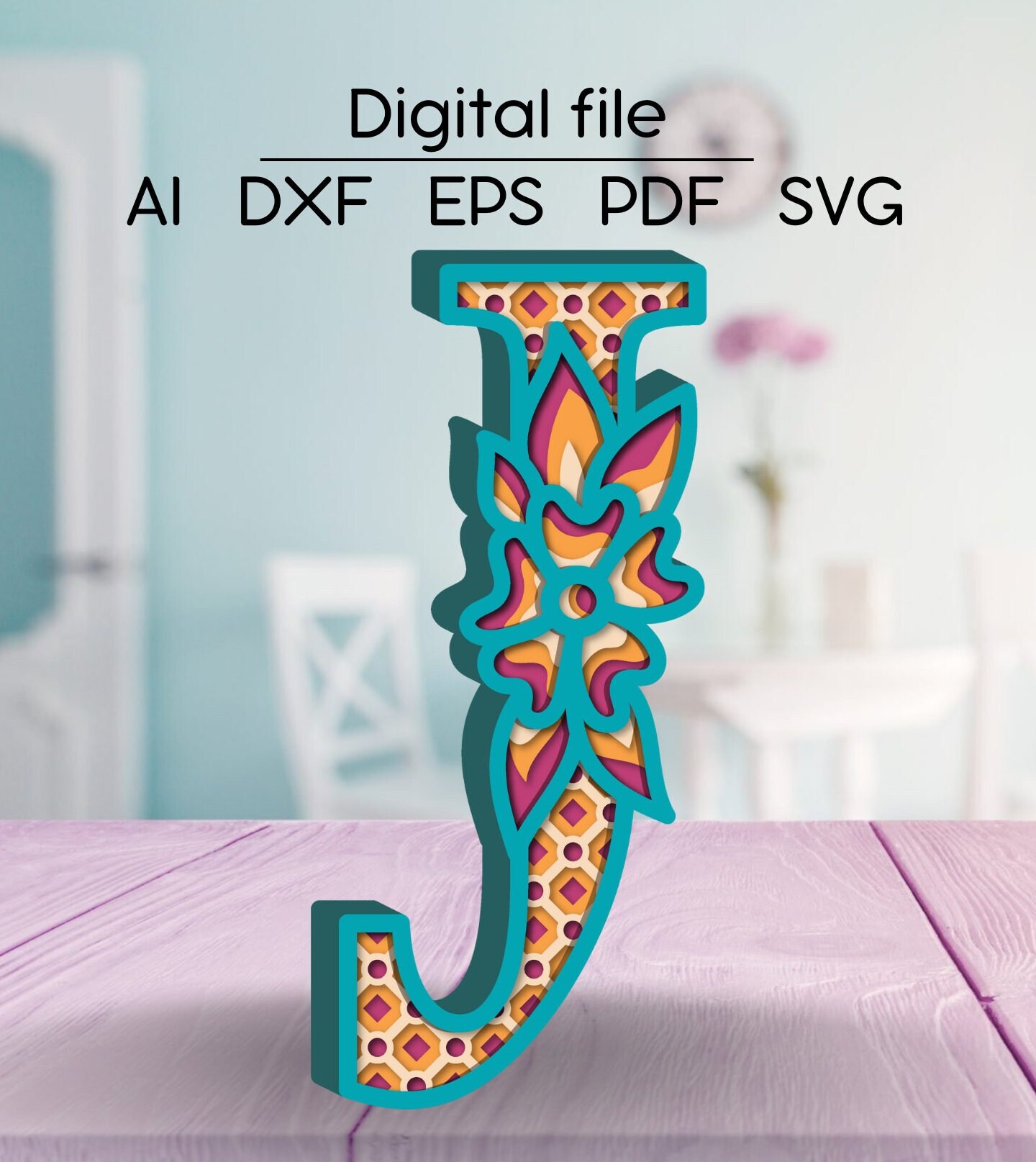 Layered Letter J SVG, Floral Alphabet DXF, Letters 3D, Paper/laser Cut ...