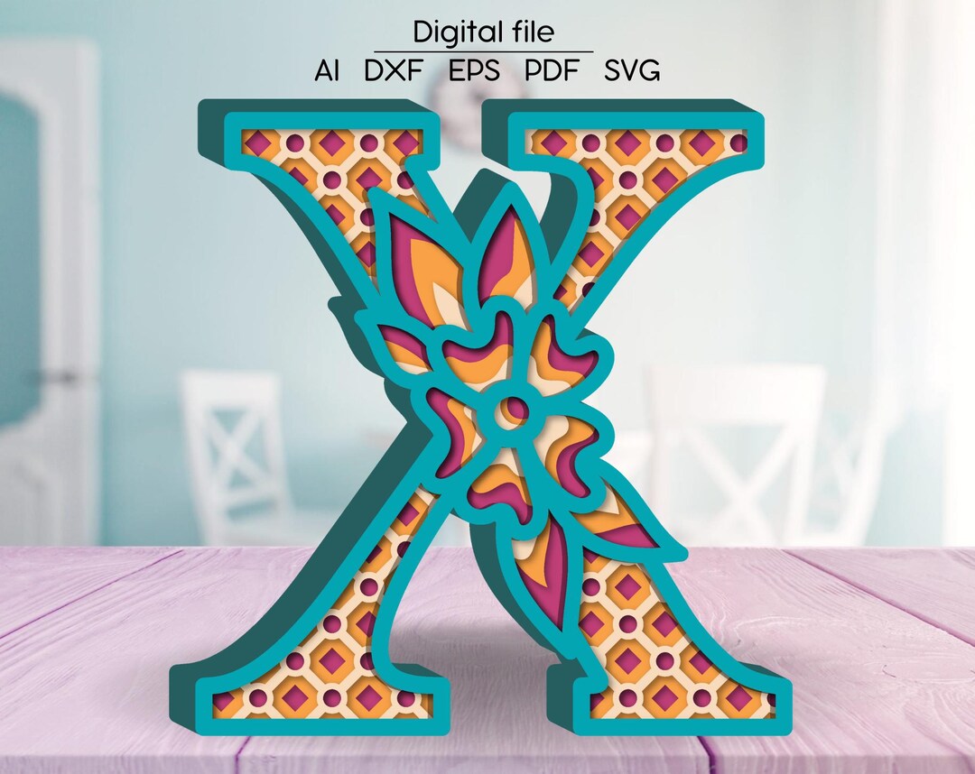 Letra en capas X SVG, Alfabeto floral DXF, Letras 3D, Plantilla SVG de ...