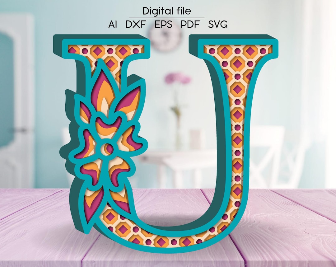 Layered Letter U SVG, Floral Alphabet DXF, Letters 3D, Paper/laser Cut ...