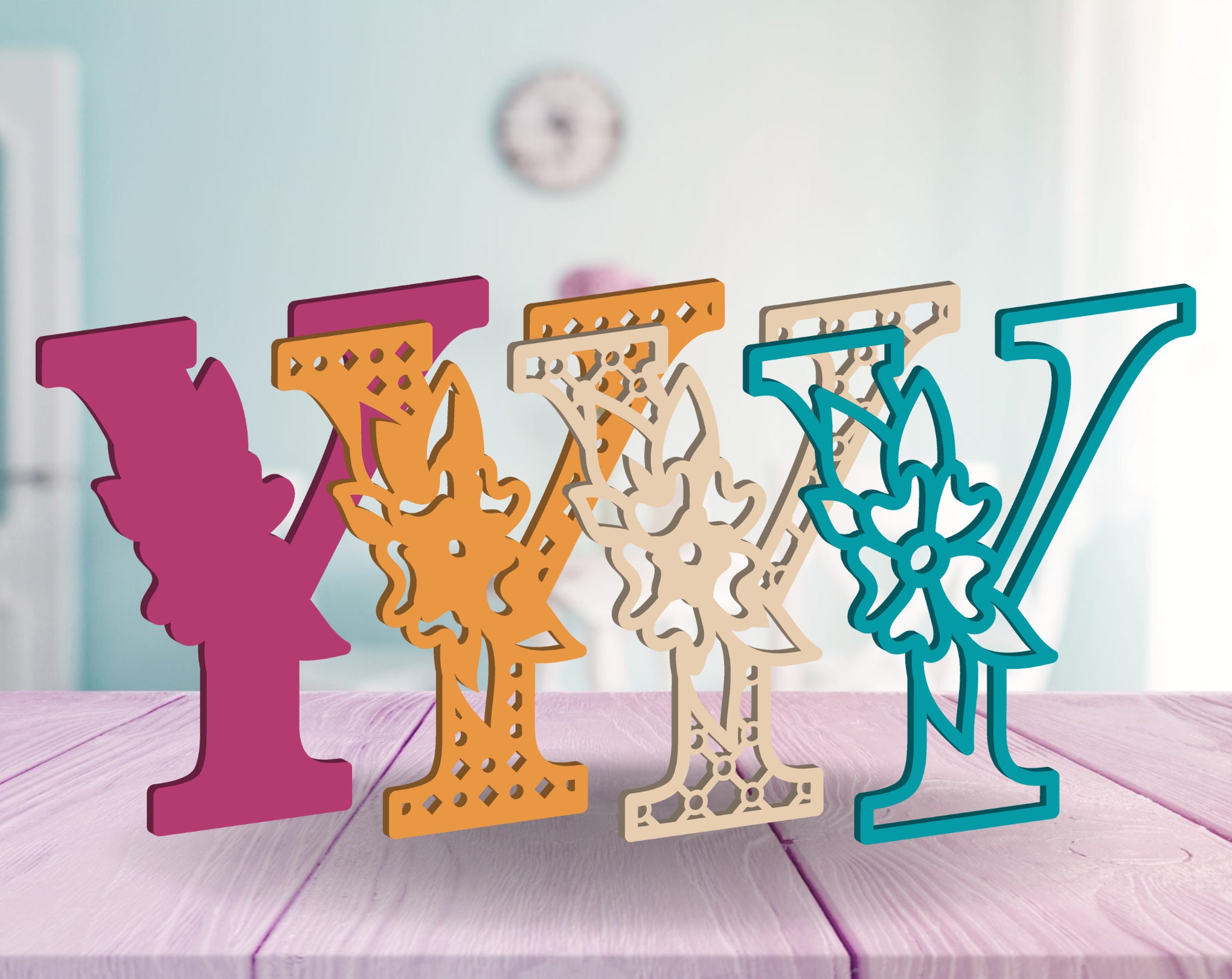 Letra en capas Y SVG, Alfabeto floral DXF, Letras 3D, Plantilla SVG de ...