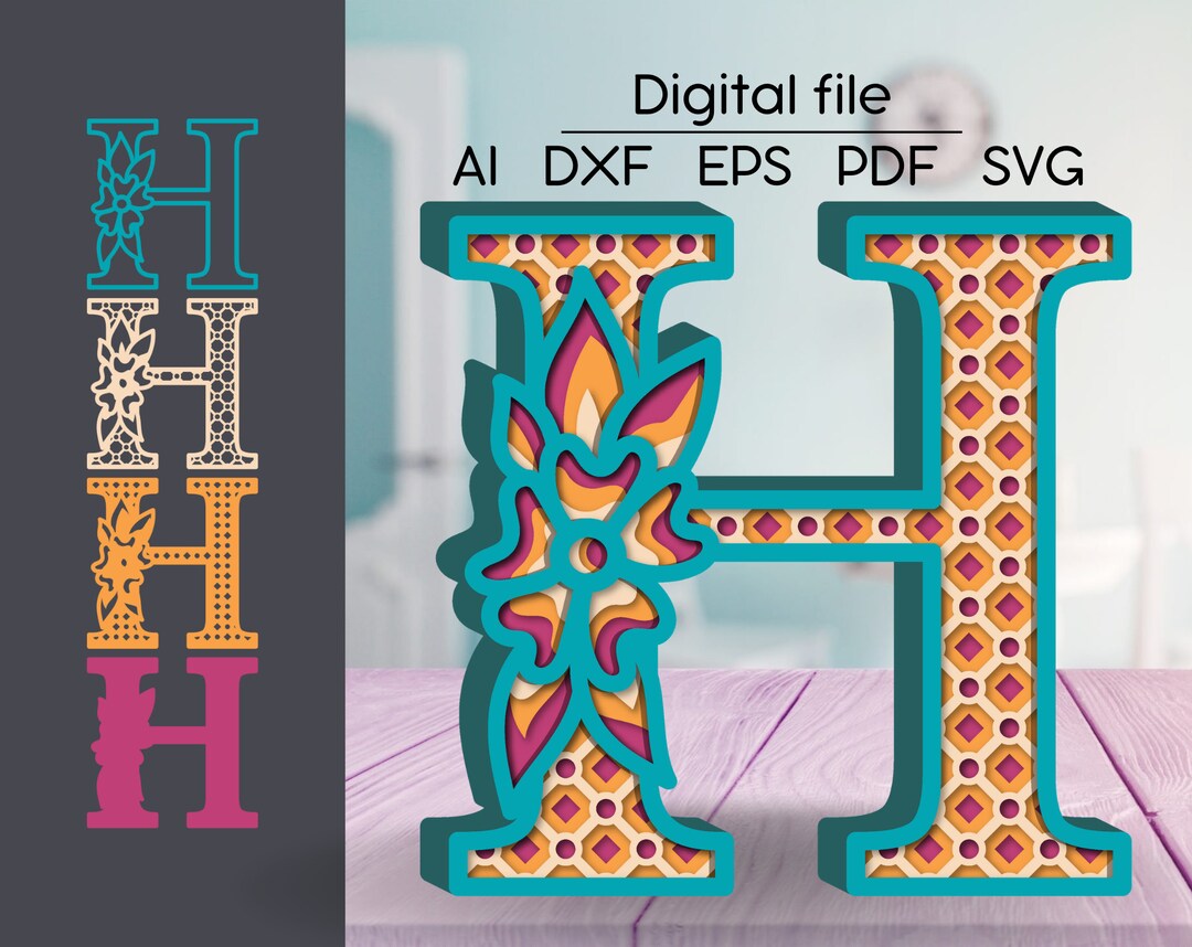 Layered Letter H SVG, Floral Alphabet DXF, Letters 3D, Paper/laser Cut ...