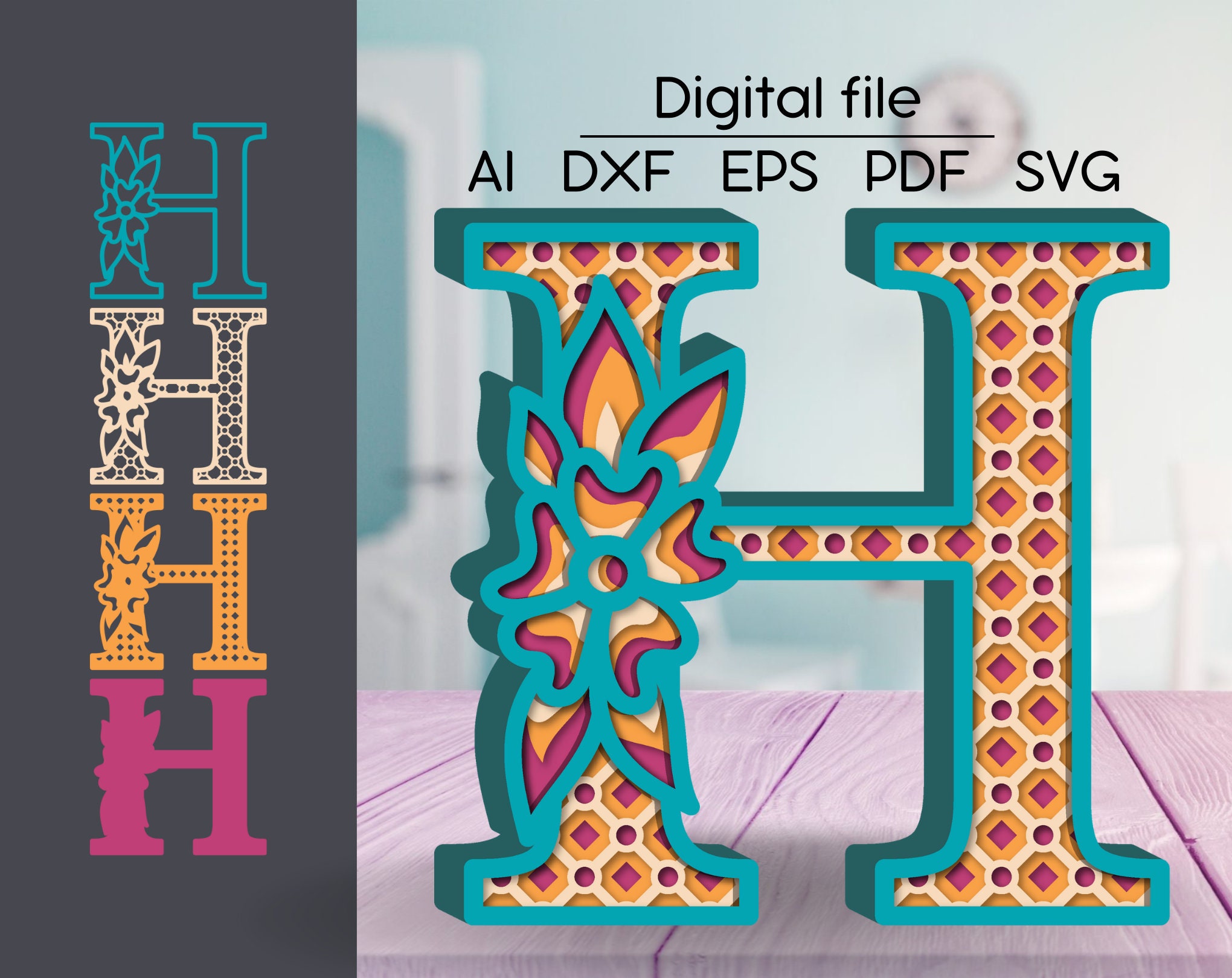 Layered Letter H SVG, Floral Alphabet DXF, Letters 3D, Paper/laser Cut ...