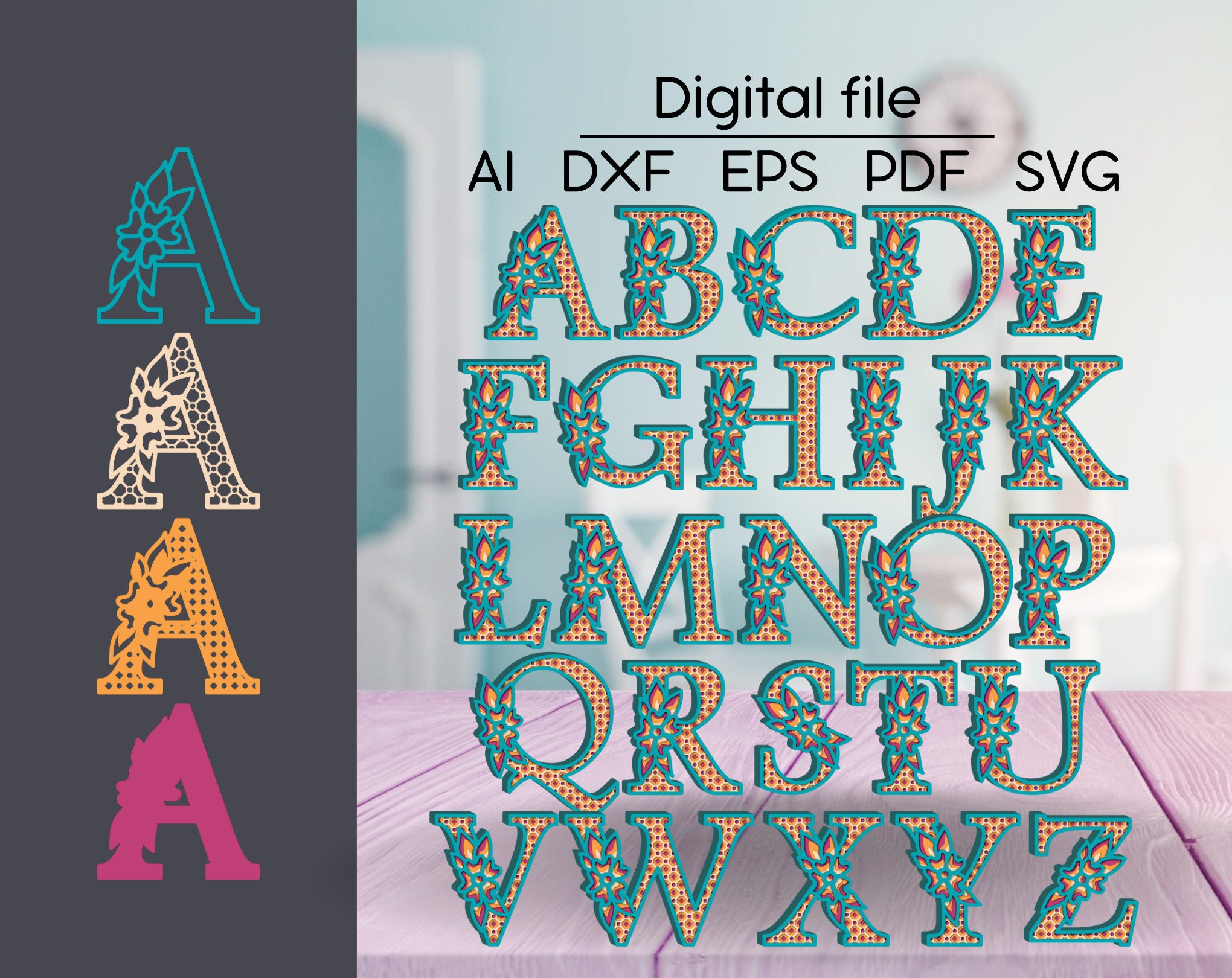 Layered Alphabet DXF, Floral Letters 3D, Paper/laser Cut Digital ...