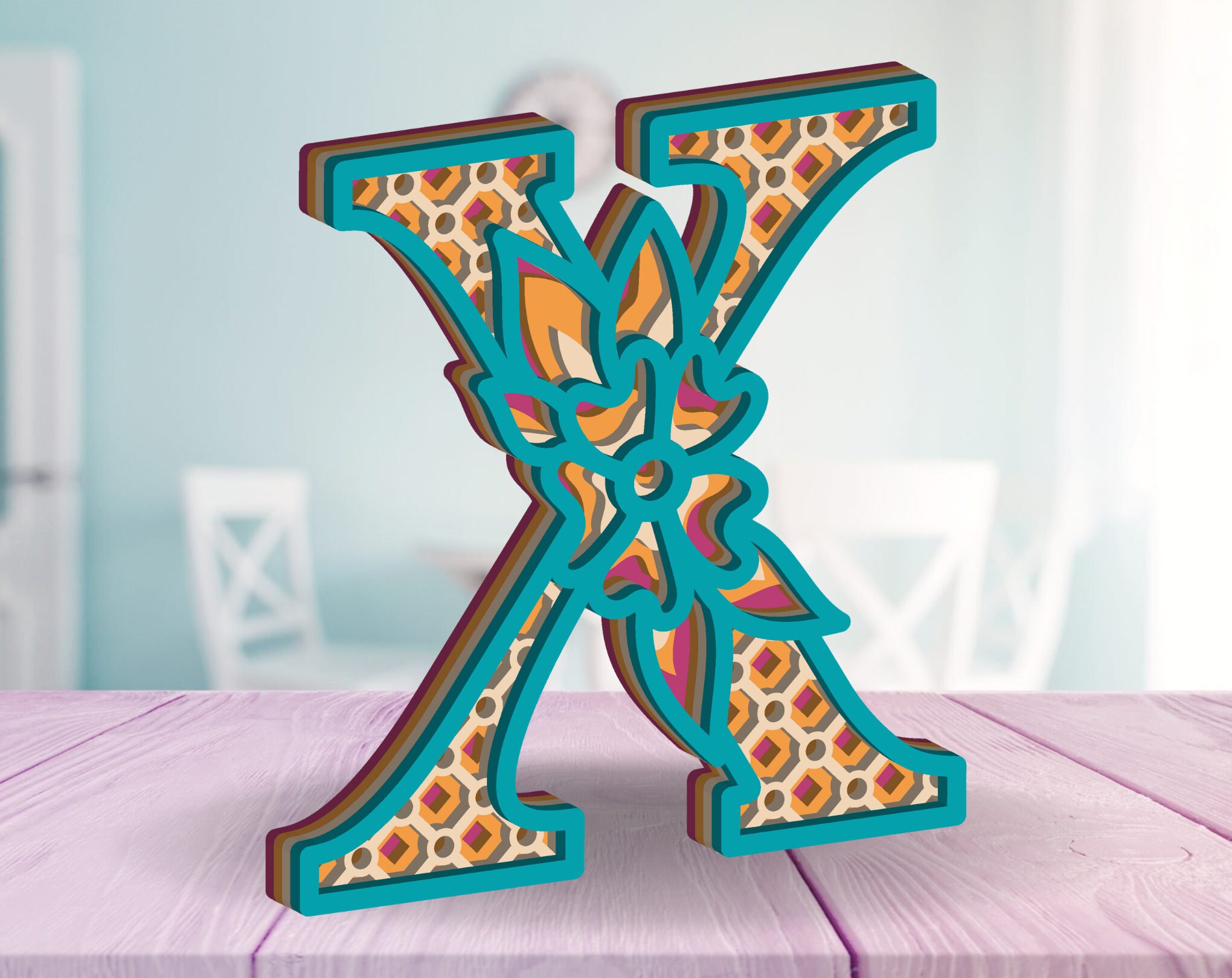 Letra en capas X SVG, Alfabeto floral DXF, Letras 3D, Plantilla SVG de ...
