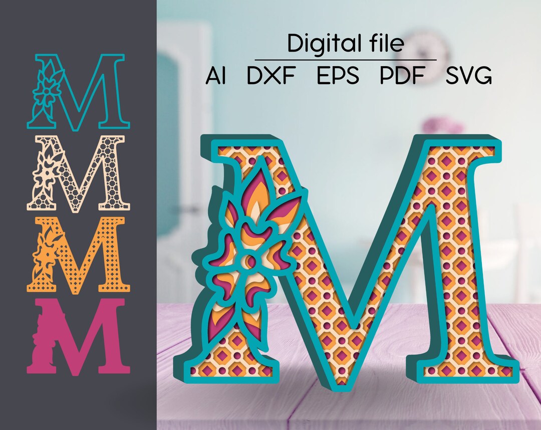 Layered Letter M SVG, Floral Alphabet DXF, Letters 3D, Paper/laser Cut ...