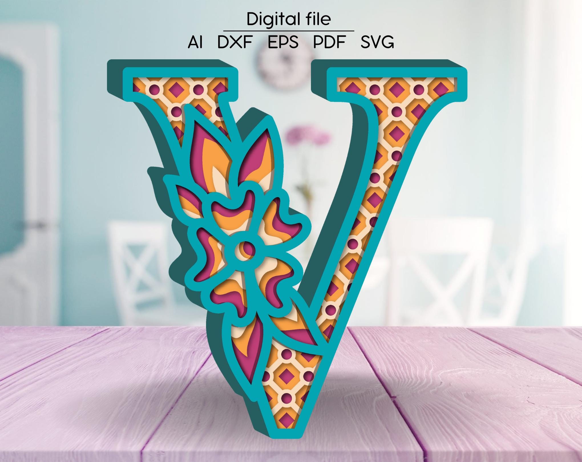 Layered Letter V SVG, Floral Alphabet DXF, Letters 3D, Paper/laser Cut ...