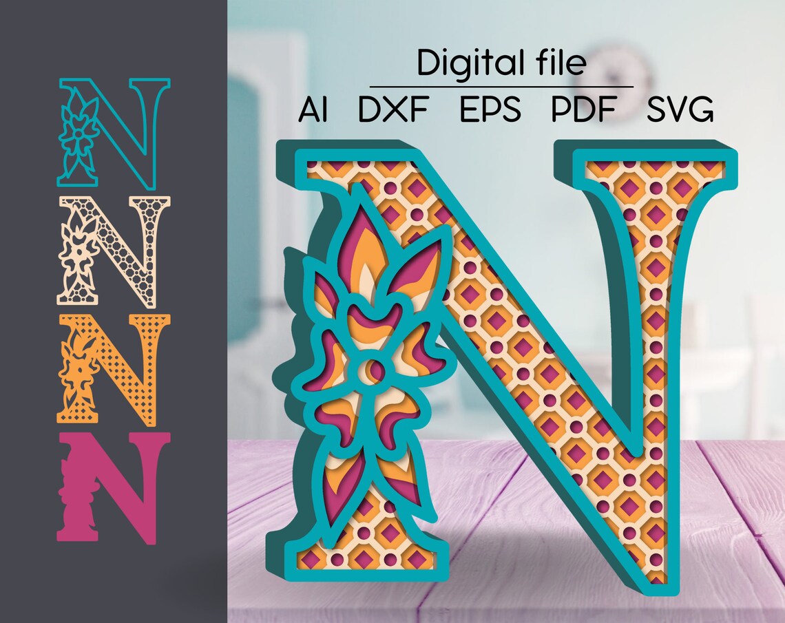 Layered Letter N SVG Floral Alphabet DXF Letters 3D - Etsy