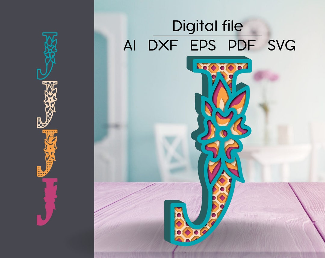 Layered Letter J SVG, Floral Alphabet DXF, Letters 3D, Paper/laser Cut ...