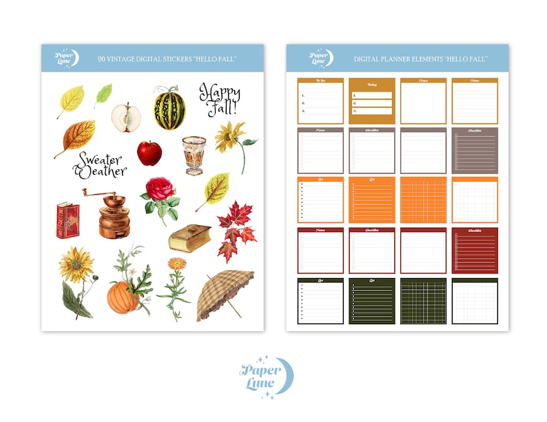 155 Fall Season Vintage Digital Planner Stickers for Print and Digital ...