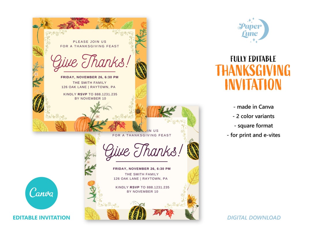 CANVA TEMPLATE Fully Editable Thanksgiving Invitation Fall Party ...