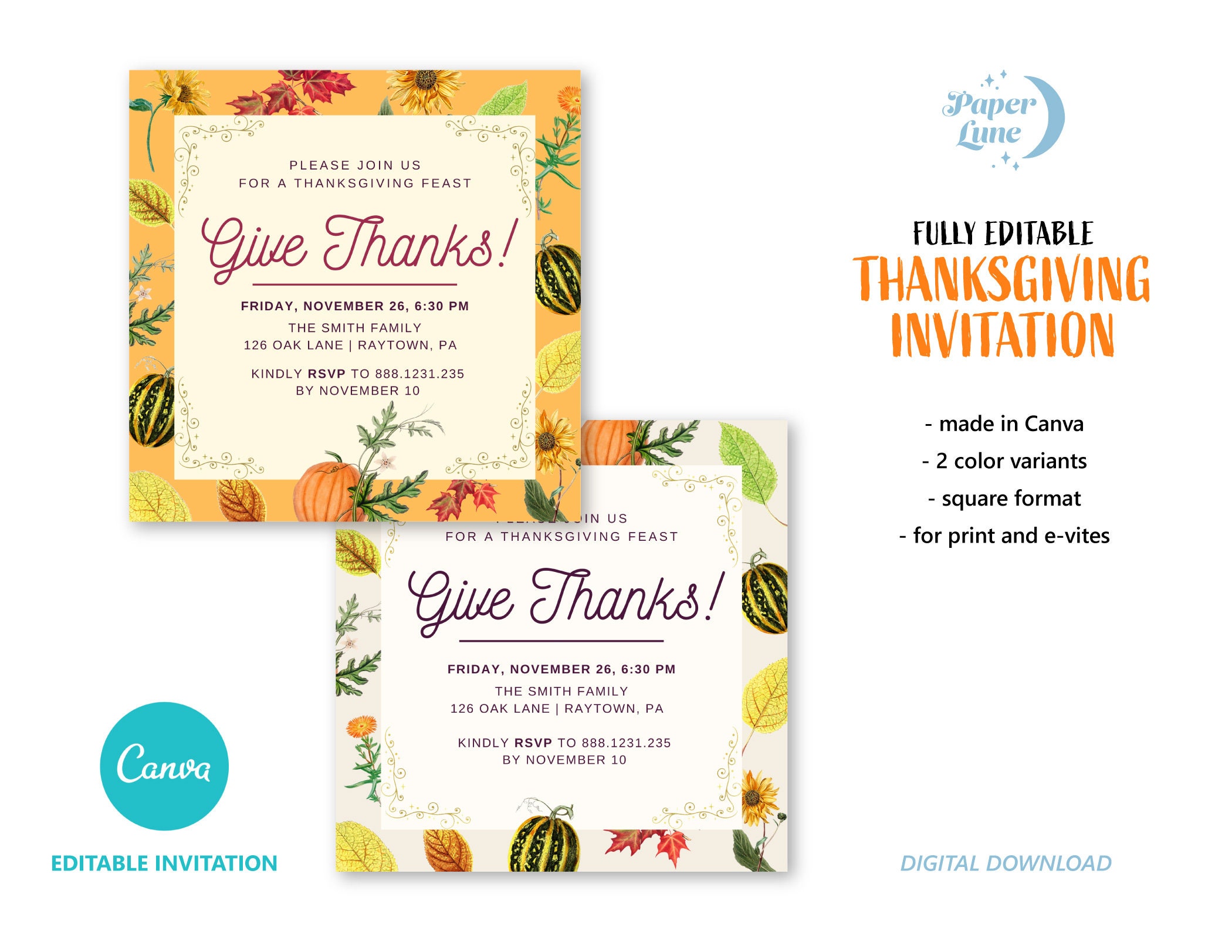CANVA TEMPLATE Fully Editable Thanksgiving Invitation Fall Party ...