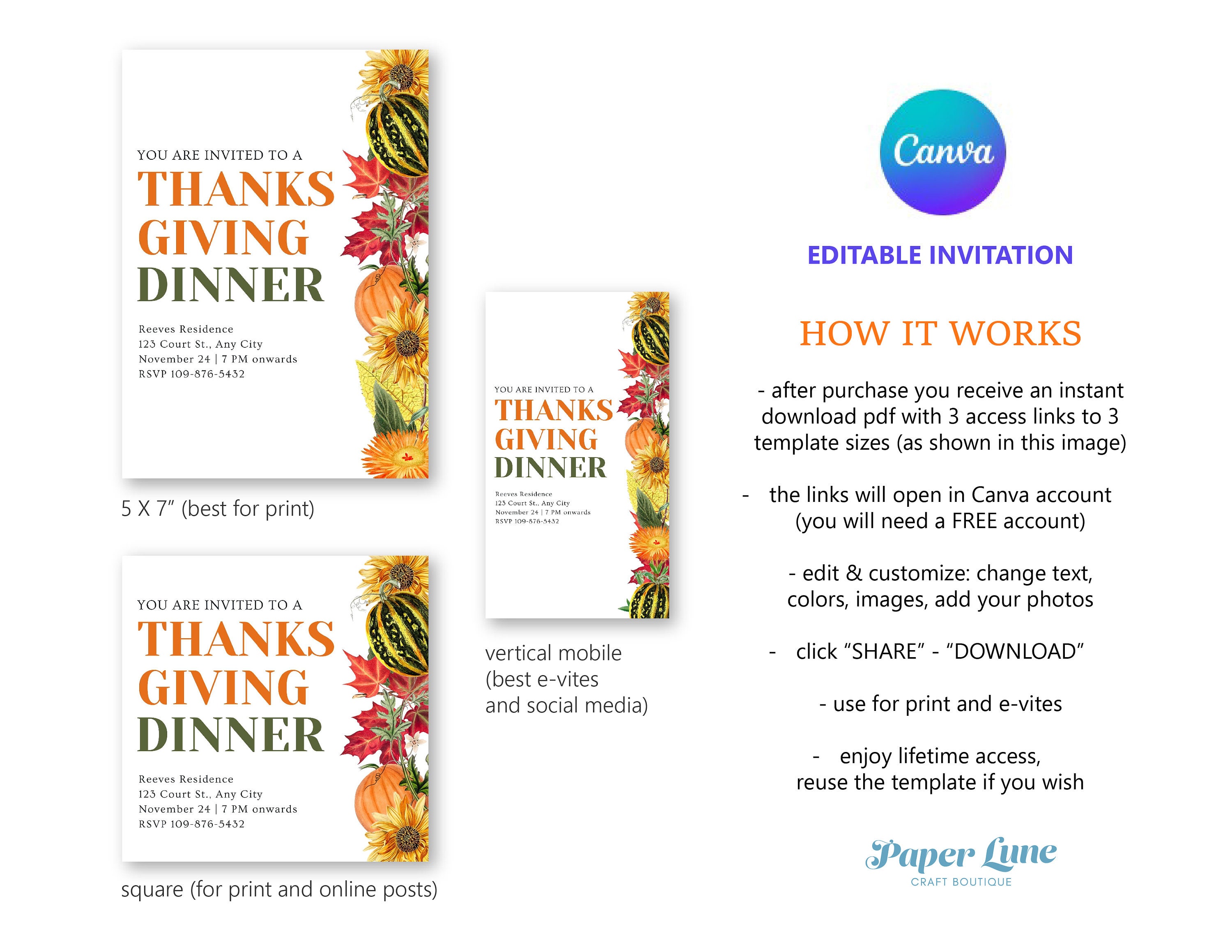 CANVA TEMPLATE Fully Editable Vintage Pumpkins Leaves Thanksgiving ...