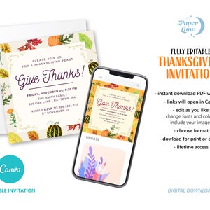 CANVA TEMPLATE Fully Editable Thanksgiving Invitation Fall Party ...