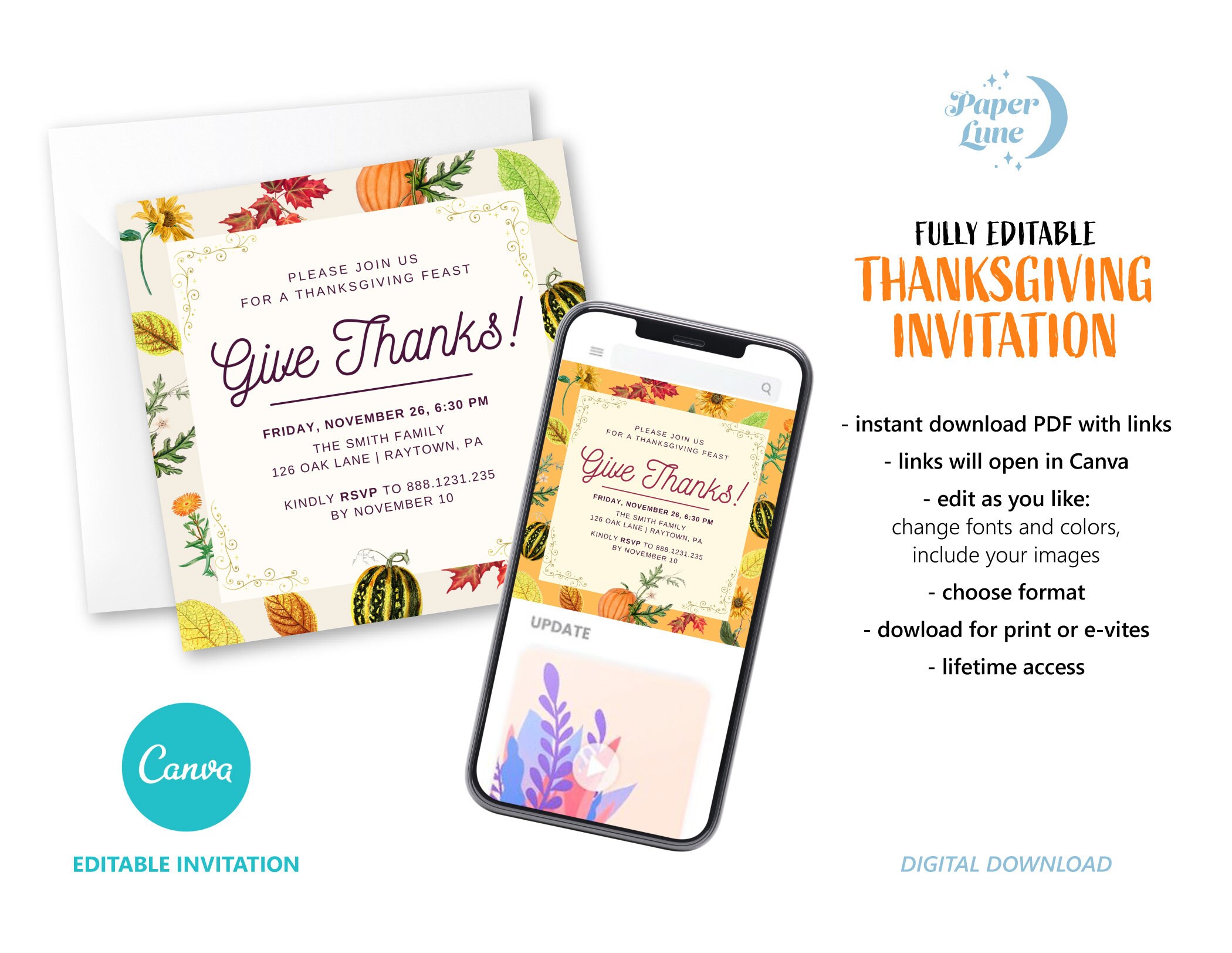 CANVA TEMPLATE Fully Editable Thanksgiving Invitation Fall Party ...