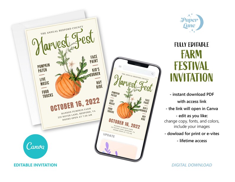 CANVA TEMPLATE Fully Editable Vintage Pumpkin Theme Farm Fall Party ...