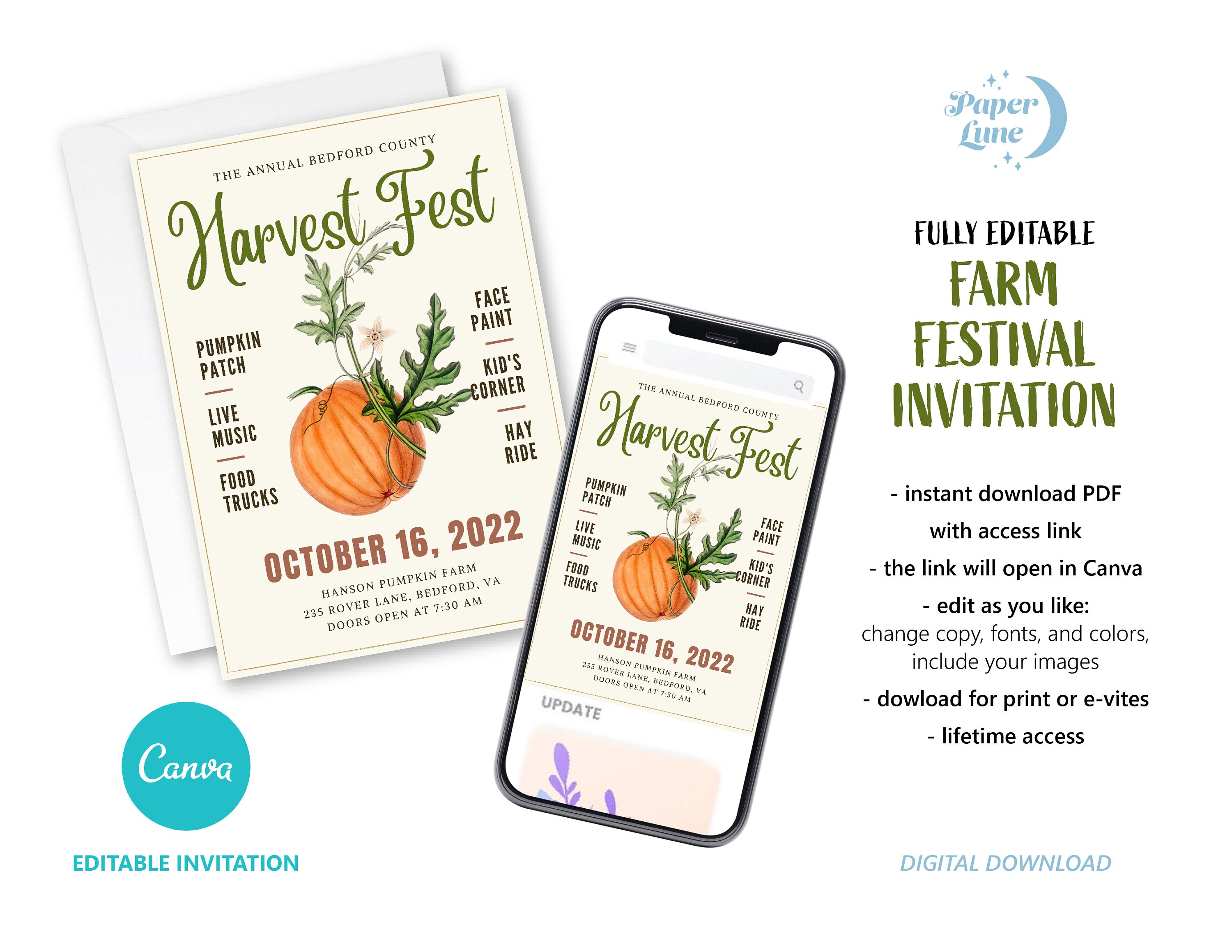 CANVA TEMPLATE Fully Editable Vintage Pumpkin Theme Farm Fall Party ...