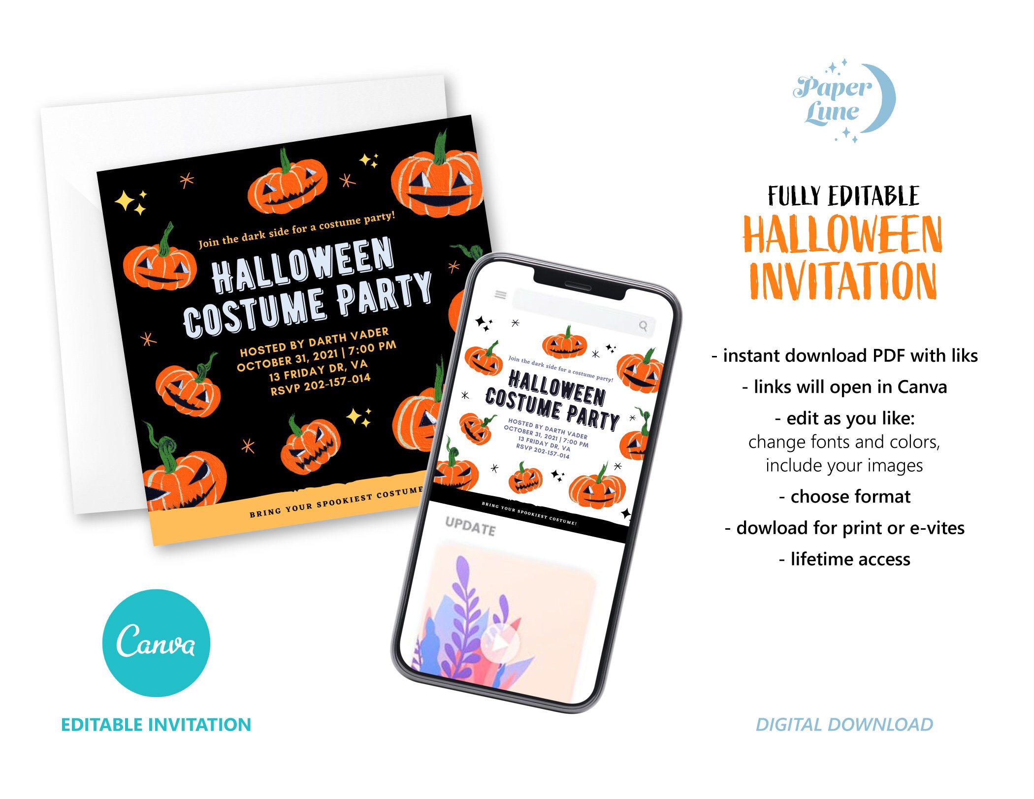CANVA TEMPLATE Fully Editable Costume Party Halloween Invitation ...
