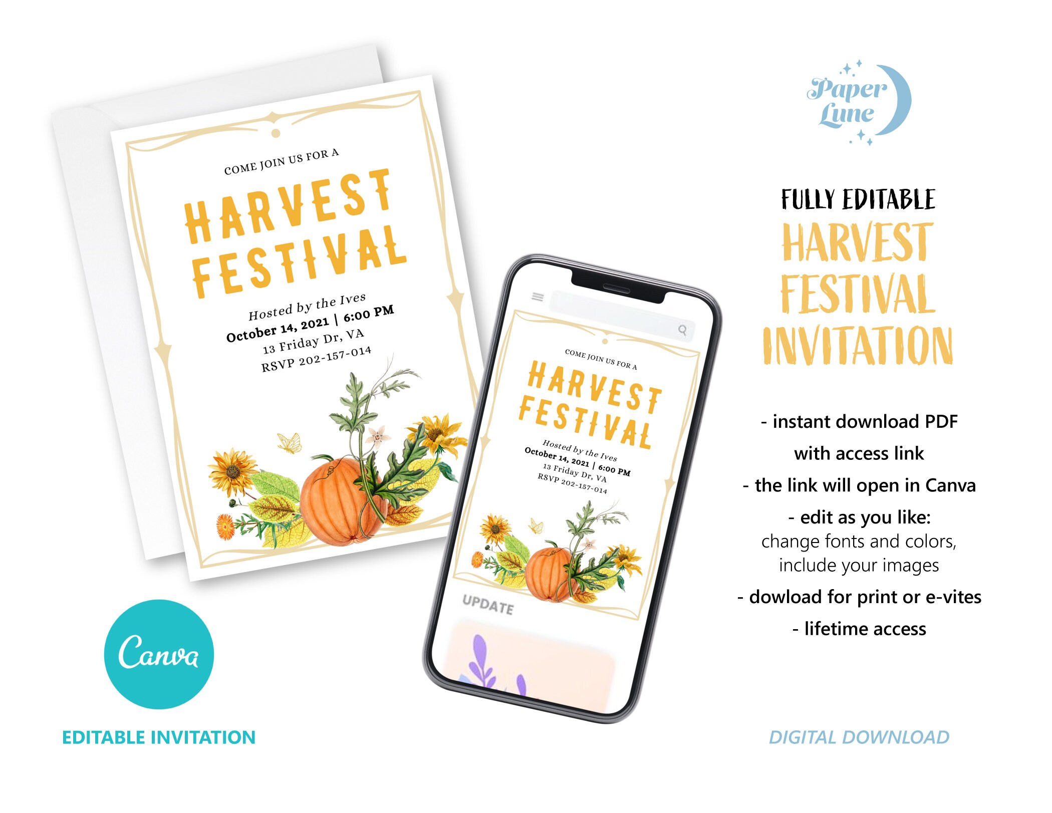 CANVA TEMPLATE Fully Editable Vintage Pumpkin Theme Fall Party Harvest ...
