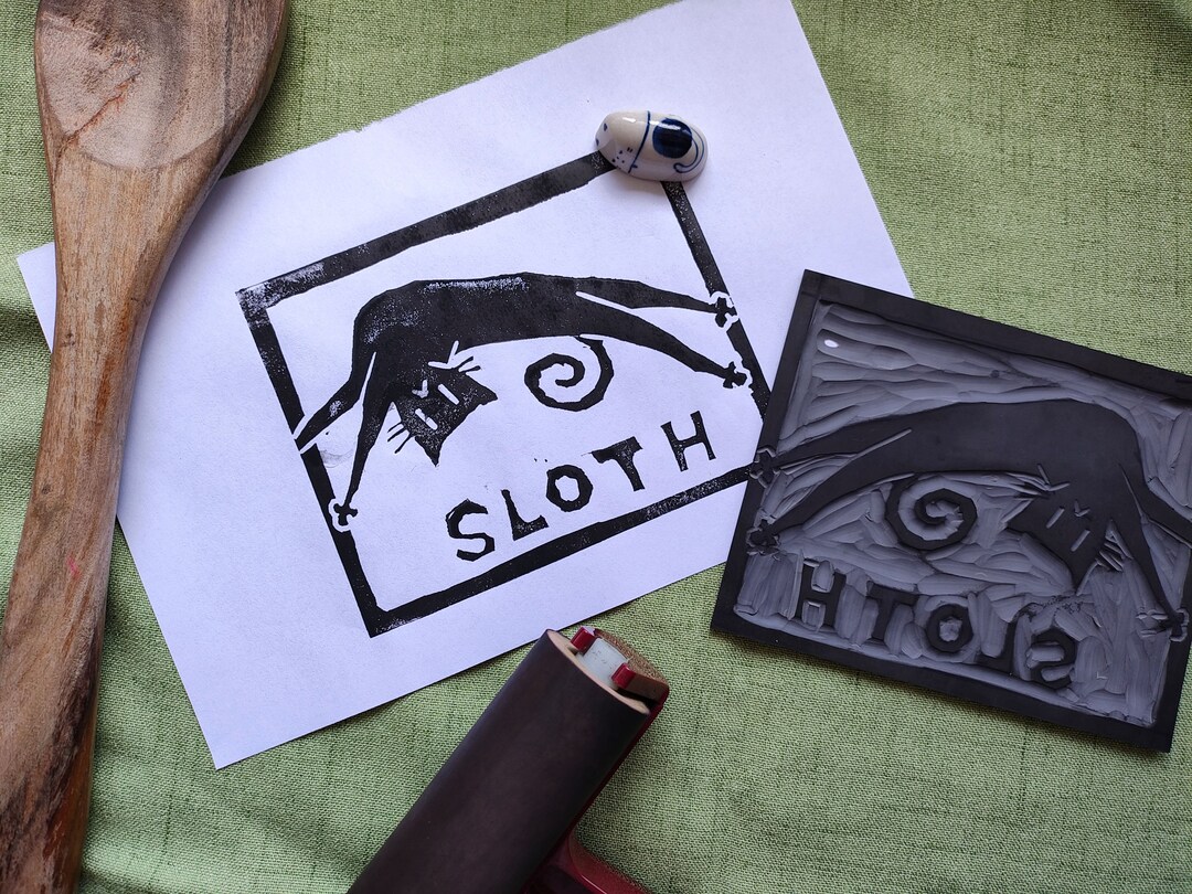 The Cat of Sloth - Lino Print - Etsy