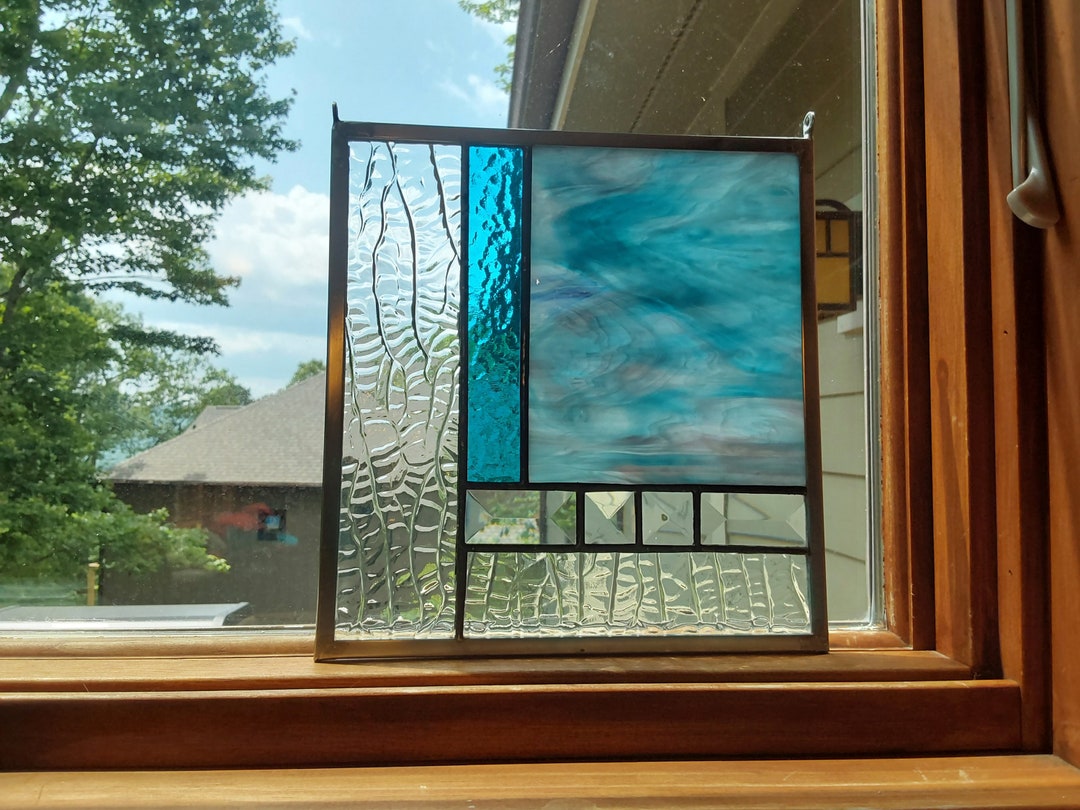Turquoise Abstract Stained Glass Panel With Bevels - Etsy