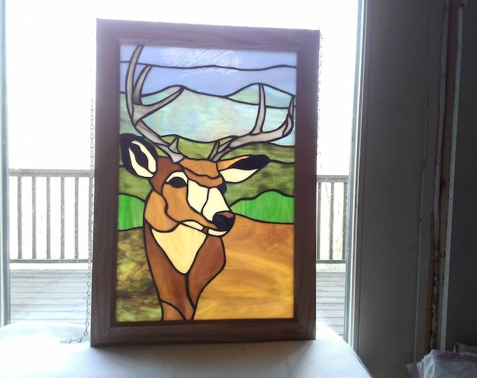 Deer in Forest With Sunset Woodland Scene, Stained Glass Mosaic Panel ...