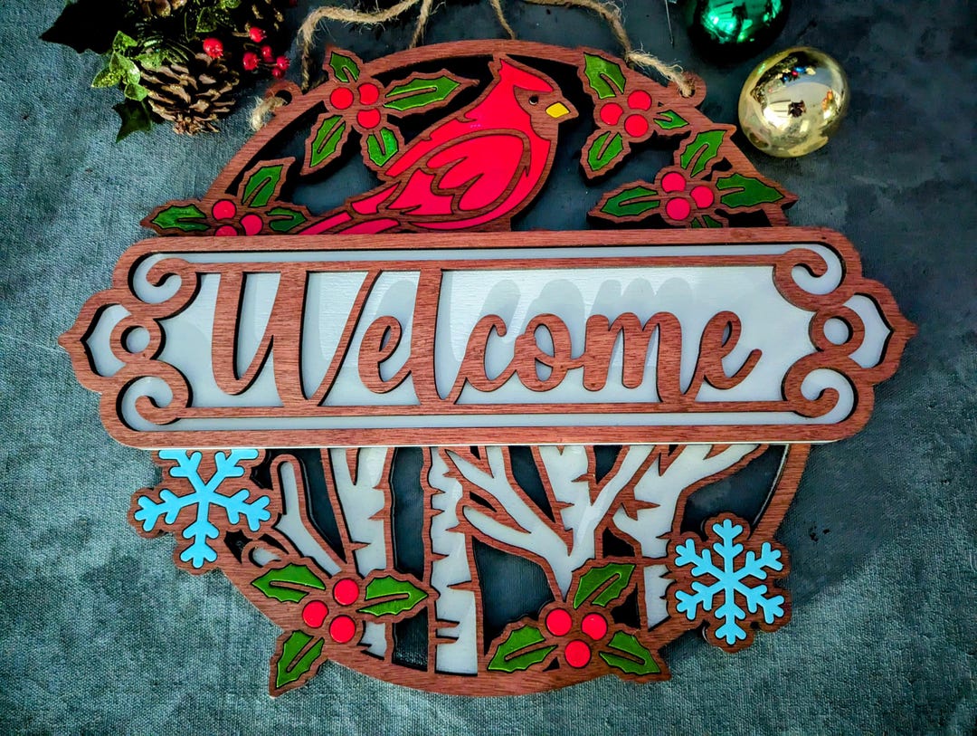 Handcrafted 4-layer Winter Cardinal Welcome Sign | Multiple Welcome ...