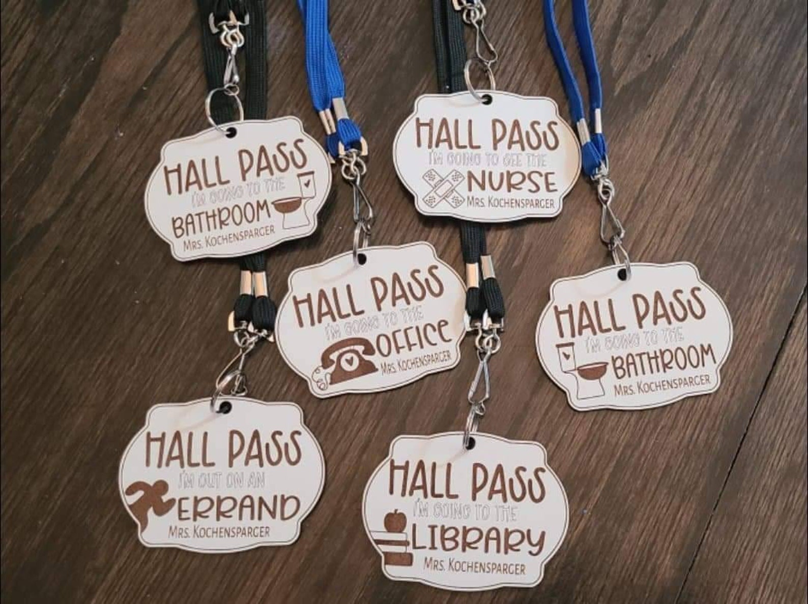 Engraved Hall Pass Set: Bathroom, Library, Nurse, Office, Errand ...