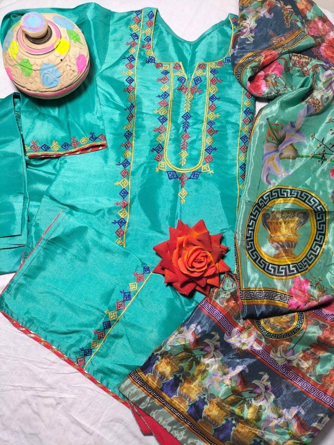 Pakistani Ferozi Color 3 Piece China Solk Dress- Shalwar Kameez ...