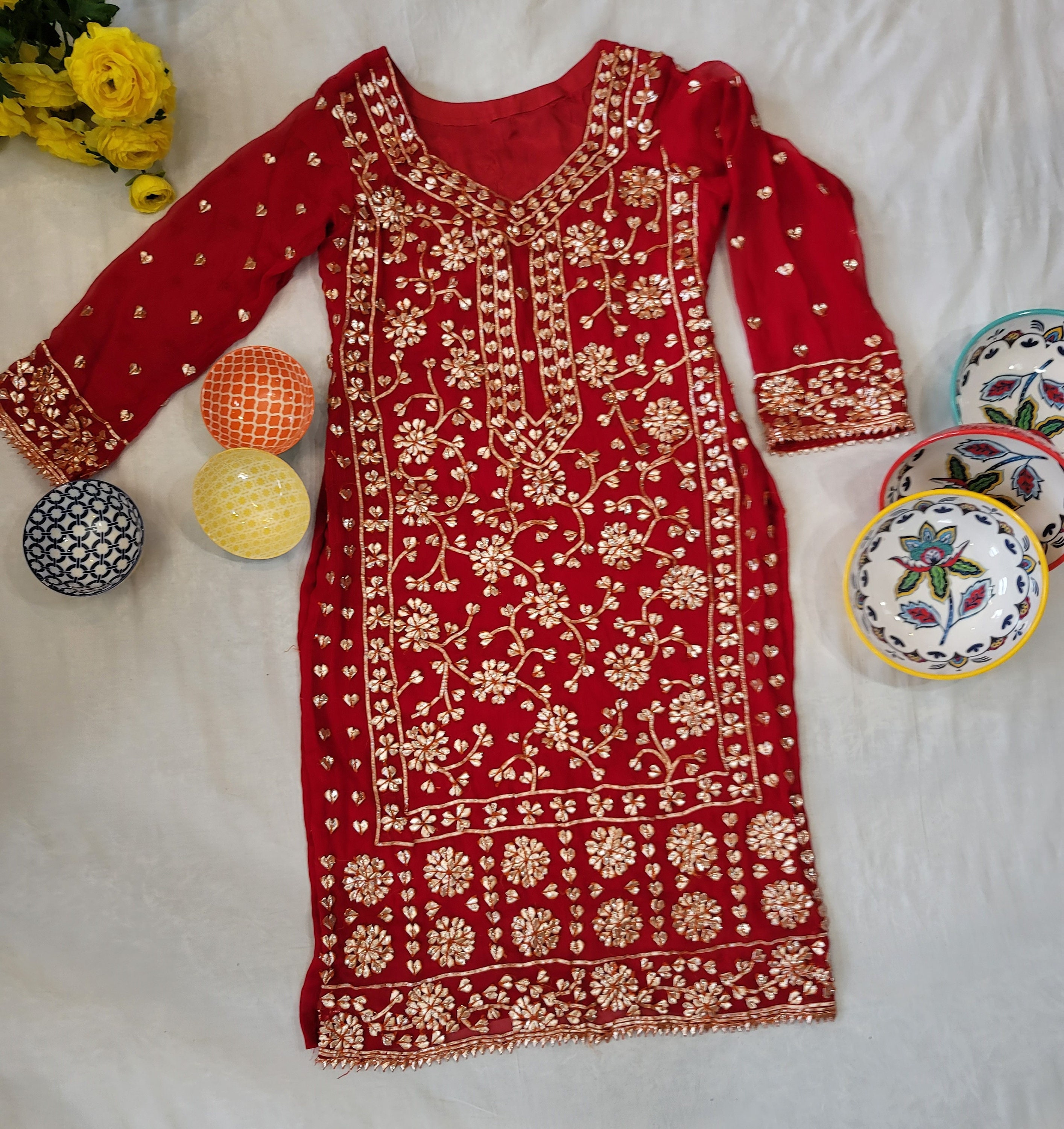 Red 3 Piece Shalwar Kameez With Gota Kinari Party Dress Pakistani ...