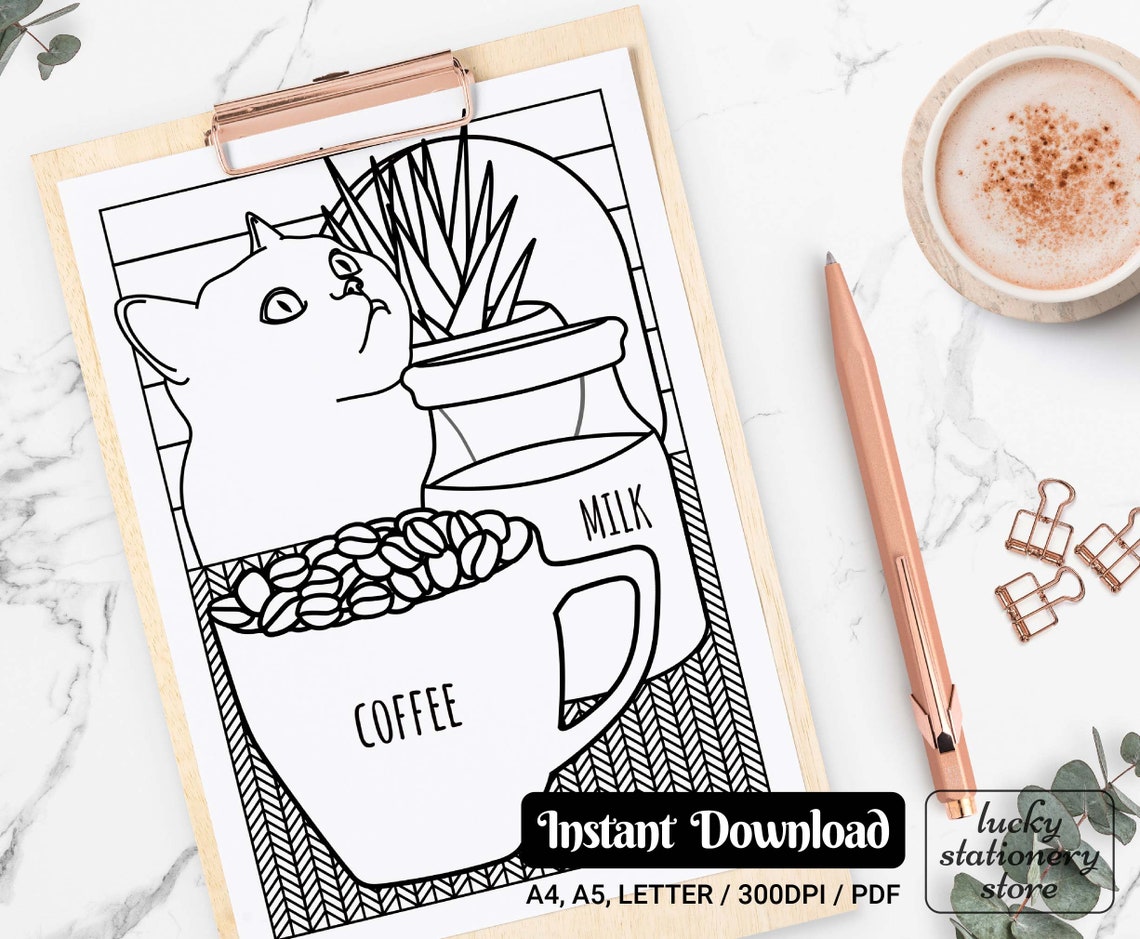 Cat Coloring, Coffee Coloring, Coloring Sheets, Coloring Pages for ...
