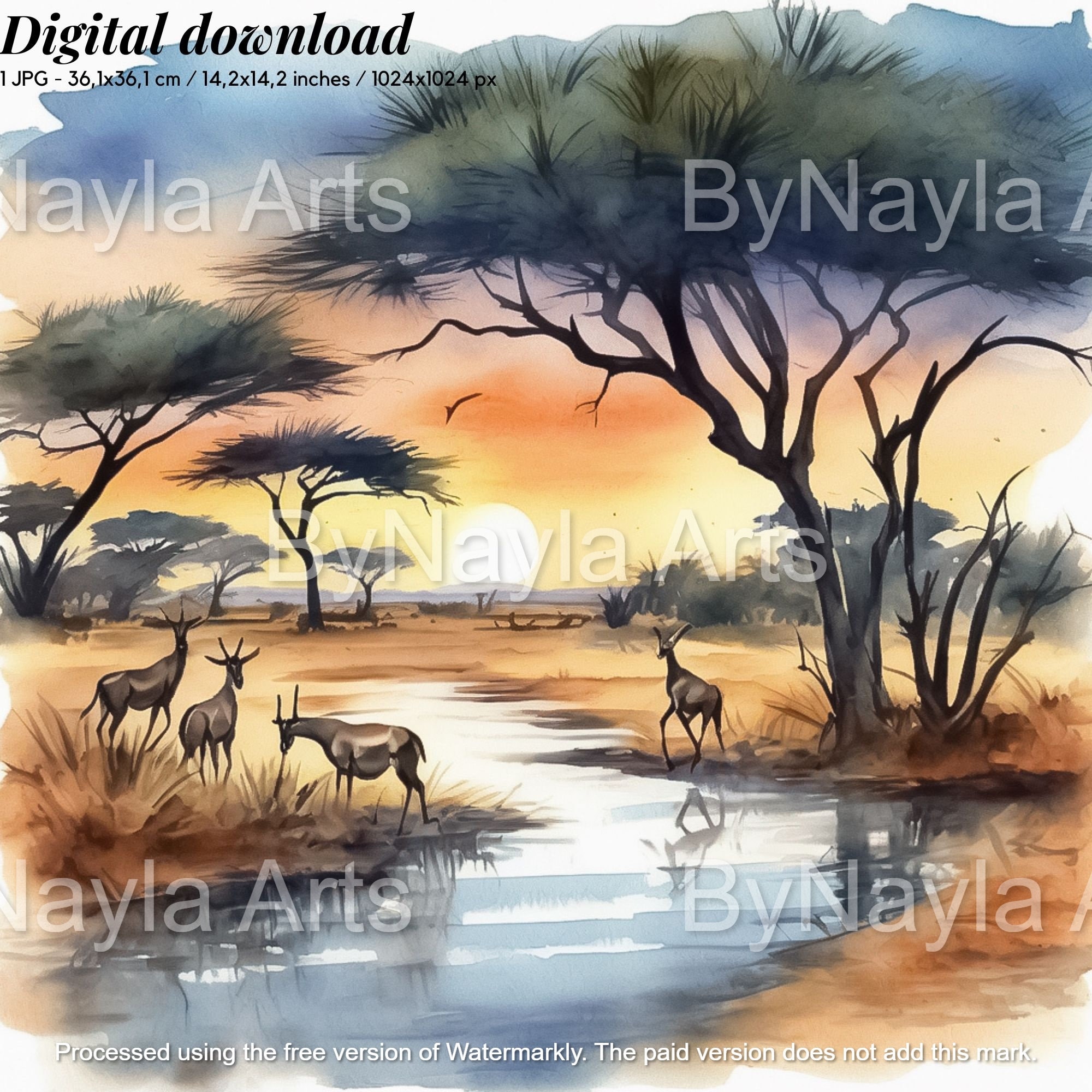 10 Jpgs, Waterpainted, Savannah Landscape, African Animals, Beauty of ...