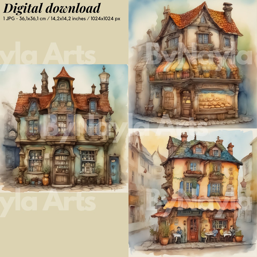 20 Jpgs, Colorful Quirky Buildings, Waterpainted, Colorful Fantasy ...