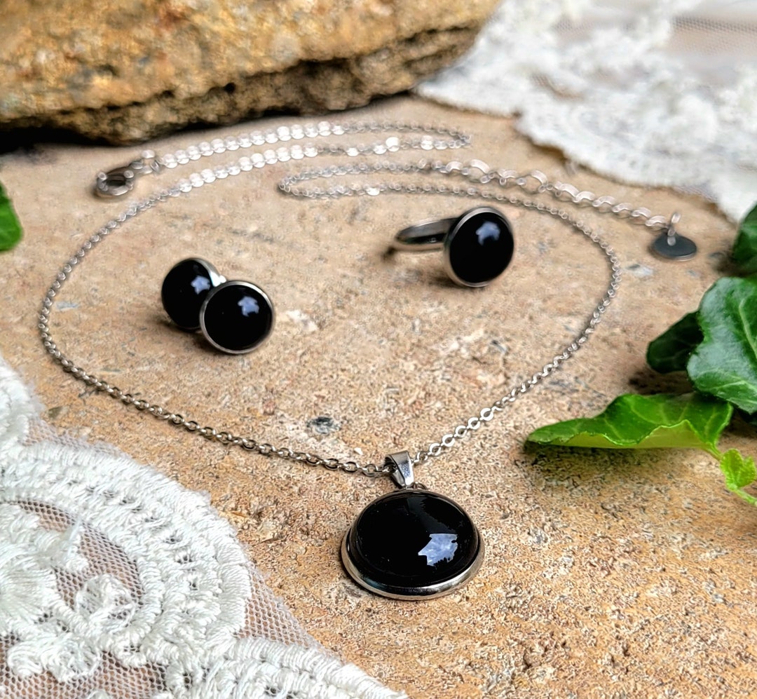 Stainless Steel Jewelry Set With Black Agate Semi-precious Stones ...