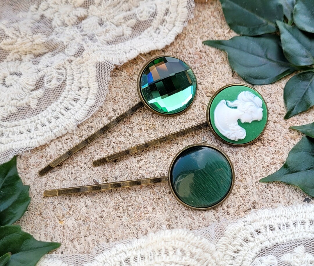 Set of 3 Hair Clips With 2 Cm Glass Cabochon in Shades of Green With ...