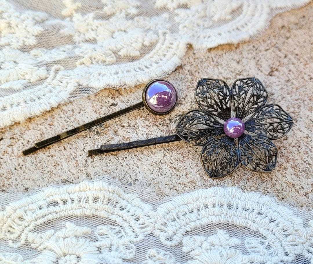 5 Colors! Set of 2 Vintage Hair Clips With Ceramic Cabochons, Flower ...