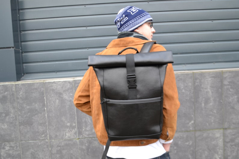 Roll Top Backpack Leather Backpack Travel Rucksack Laptop - Etsy