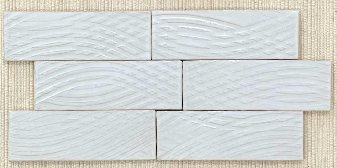 Hand-scored Woven Line Tile: Glossy White Backsplash, Fireplace ...