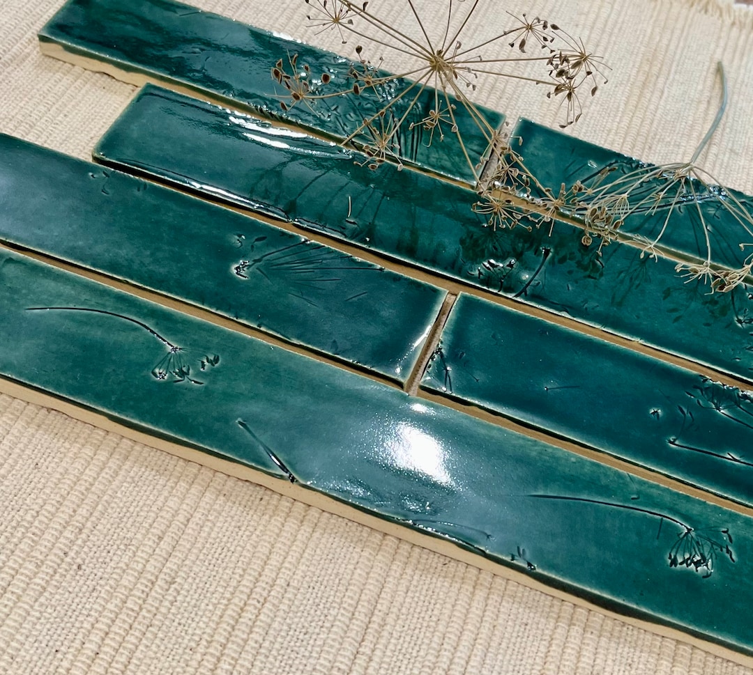 Hand-imprinted Botanical Tile, Emerald Green, Vibrant Tile Combination ...