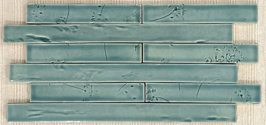 Hand-imprinted Botanical Tile in Light Blue/blue-grey, Two Size Pairing ...