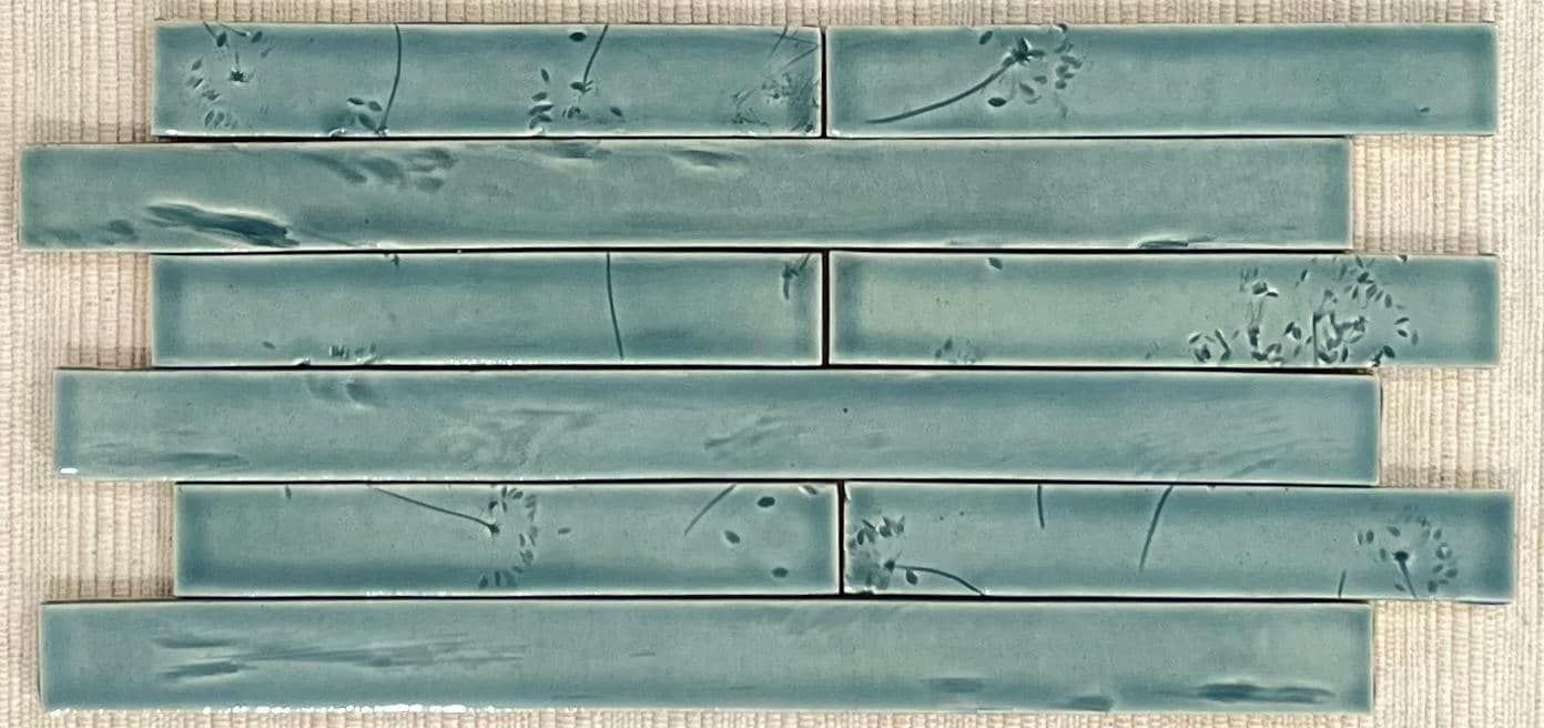 Hand-imprinted Botanical Tile in Light Blue/blue-grey, Two Size Pairing ...
