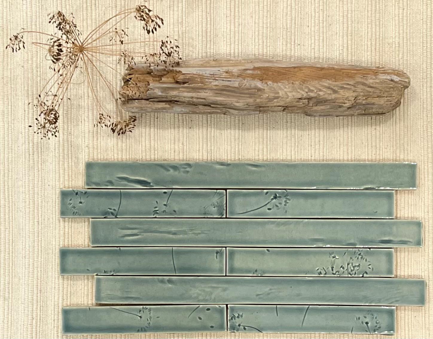 Hand-imprinted Botanical Tile in Light Blue/blue-grey, Two Size Pairing ...