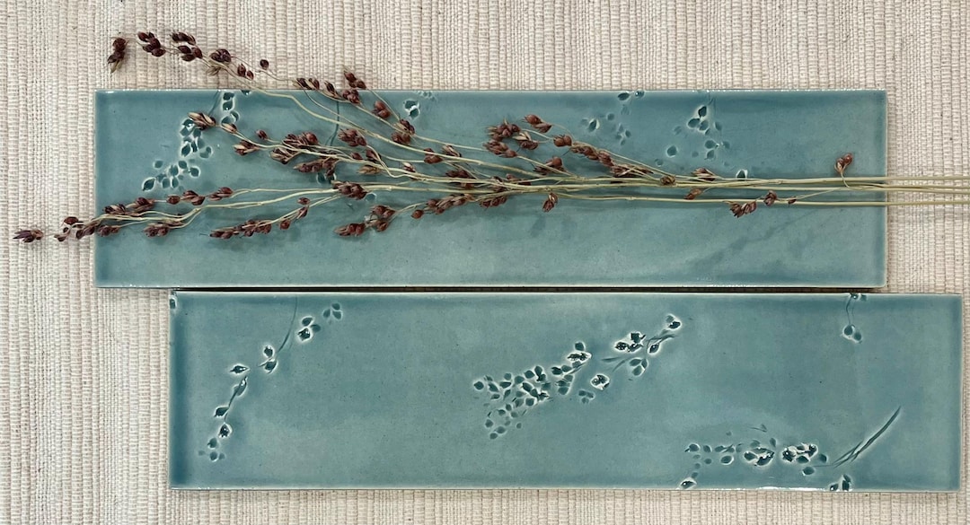 Hand-imprinted Botanical Tiles; Blue/blue-green/blue-grey; Ideal for ...