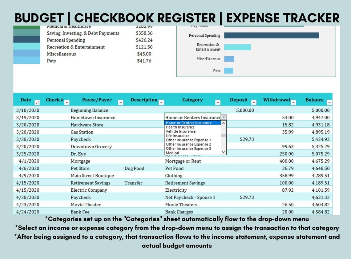 Budget & Checkbook Register/expense Tracker Excel Spreadsheet, Finance ...