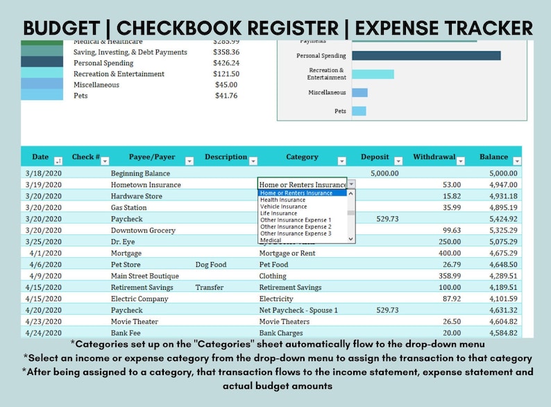 Budget & Checkbook Register/expense Tracker Excel Spreadsheet, Finance ...
