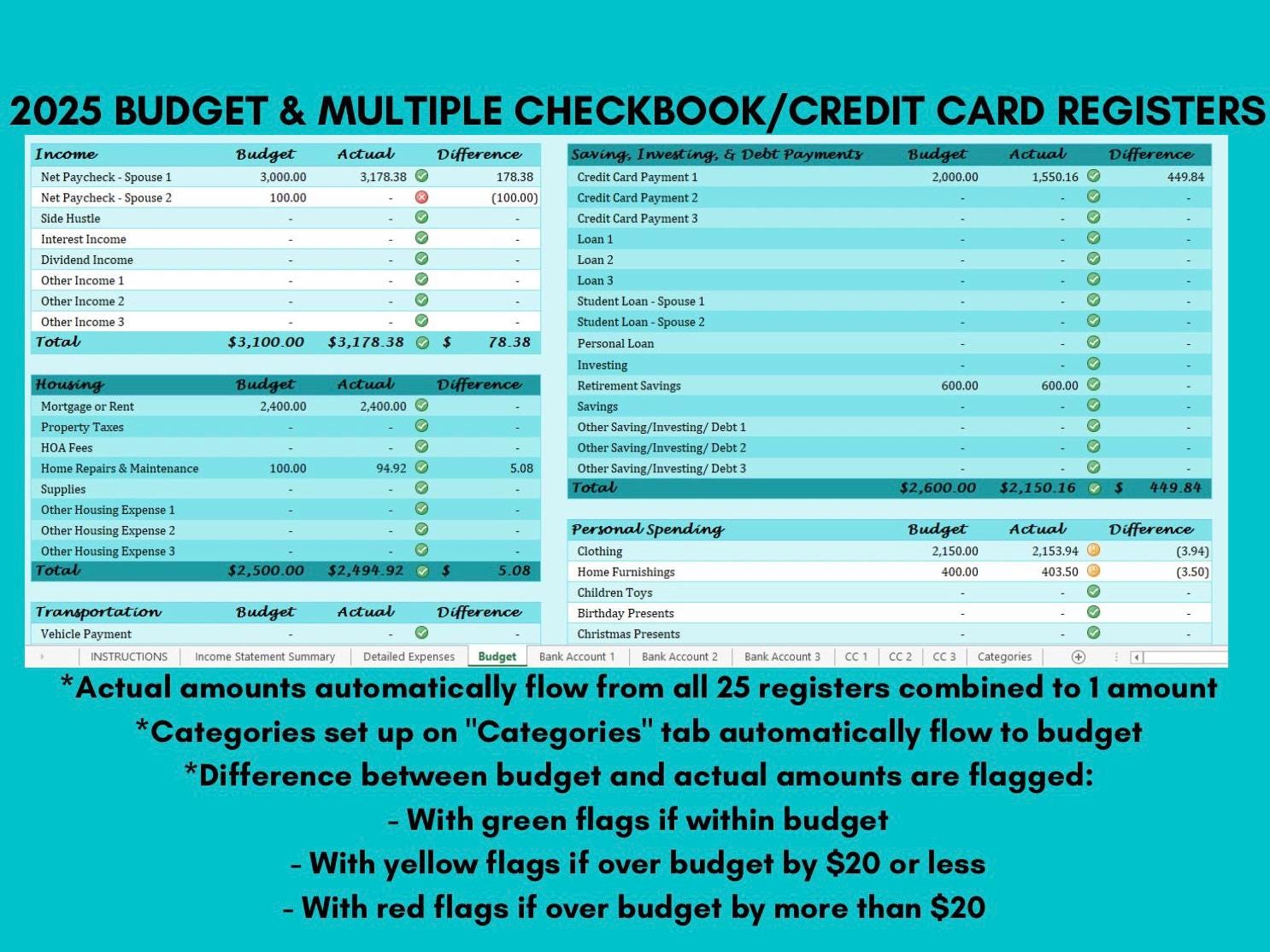2025 Budget & 25 Registers, Checkbook and Credit Card Register and ...