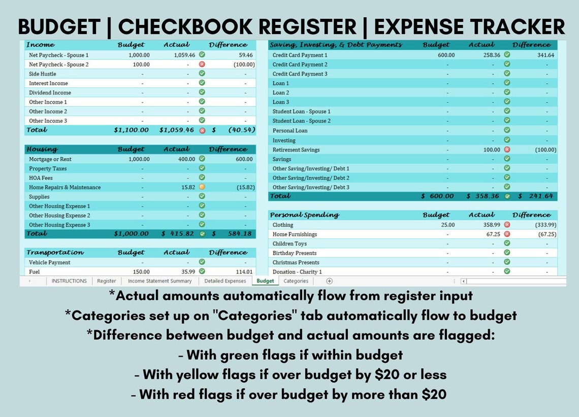 Budget & Checkbook Register/expense Tracker Excel Spreadsheet, Finance ...