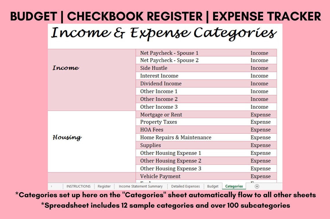 Budget & Checkbook Register/expense Tracker Excel Spreadsheet, Finance ...